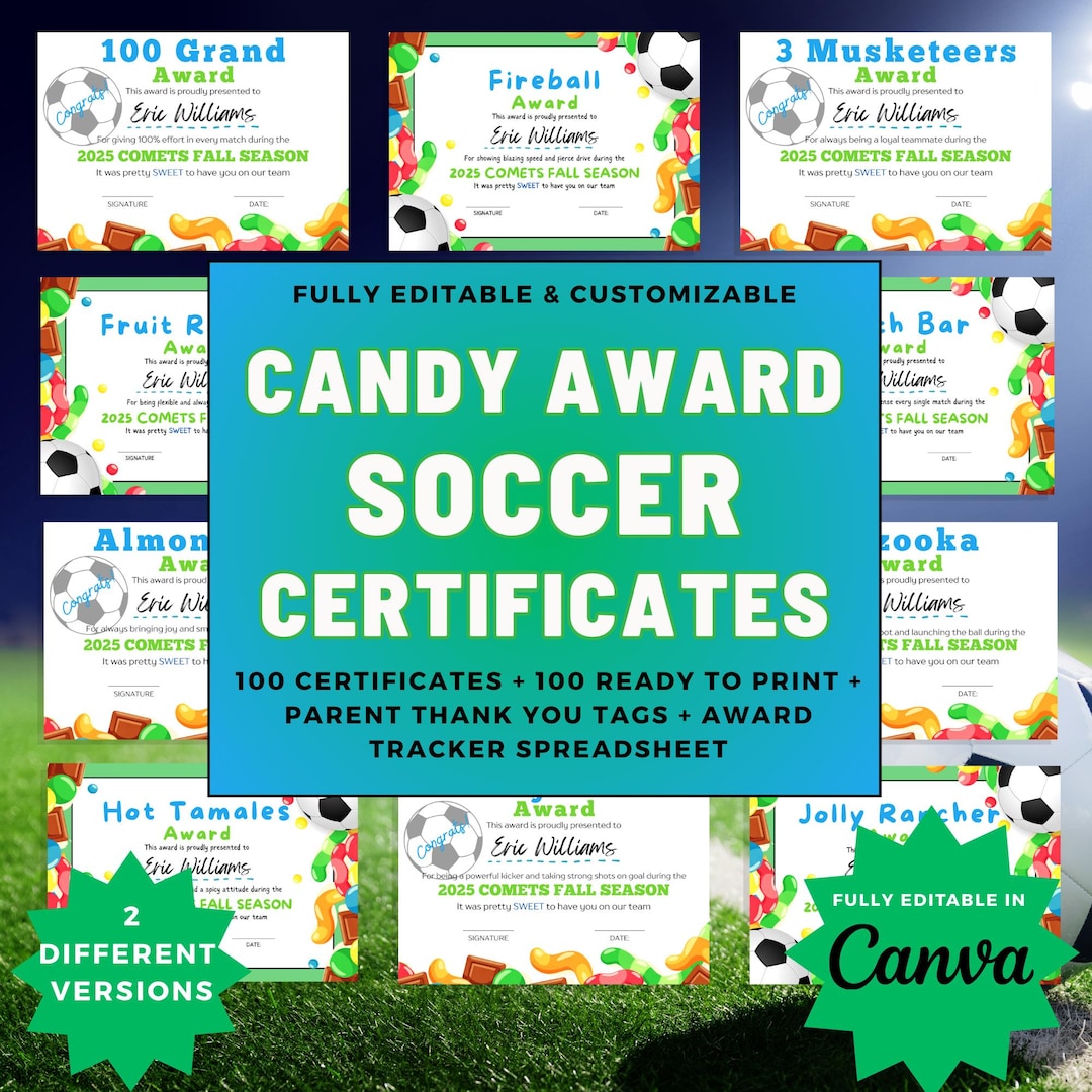 Soccer Candy Bar Awards | Printable Team Certificates | 200 Editable ...