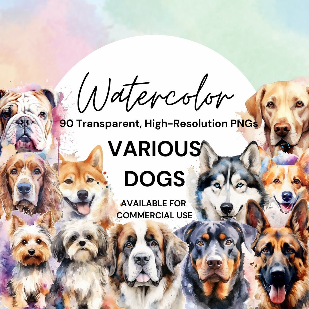 Dog Breed Watercolor Clipart Set 90 High-quality PNG Files, Dogs ...