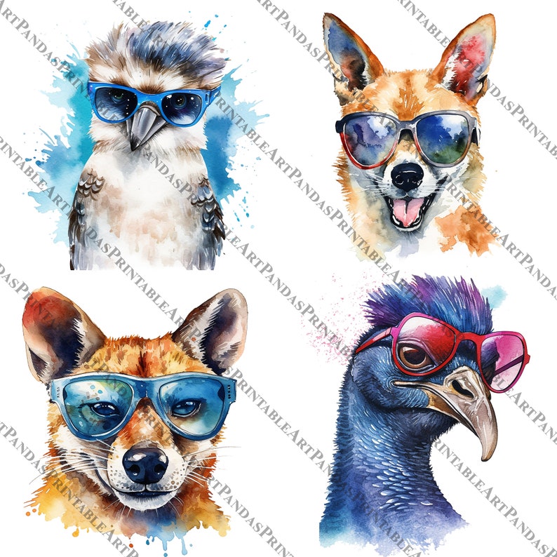 Watercolor Outback Animals With Sunglasses Summer Clipart, Transparent ...