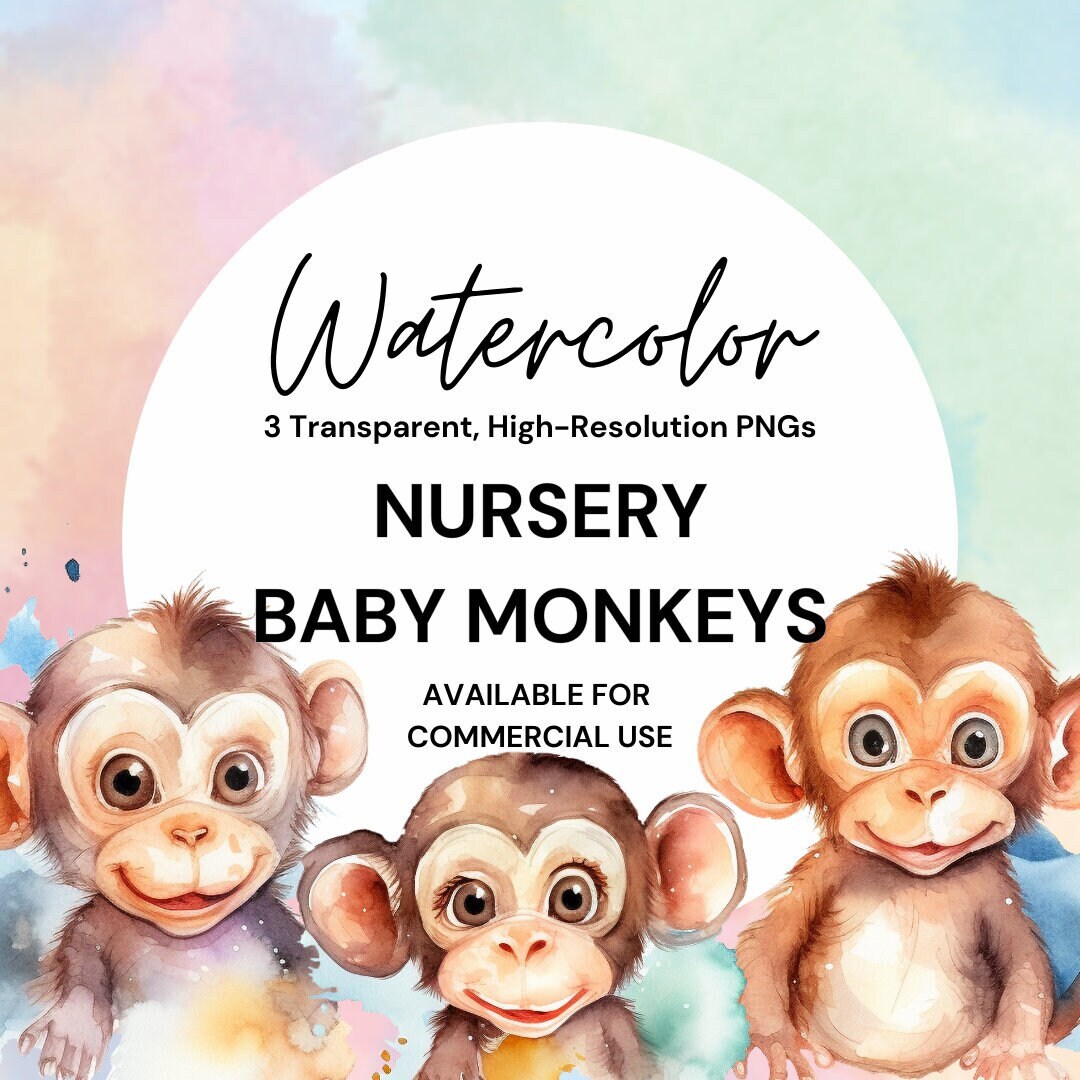 Adorable Watercolor Baby Monkeys Nursery Clip Art Pack 3 High-quality ...