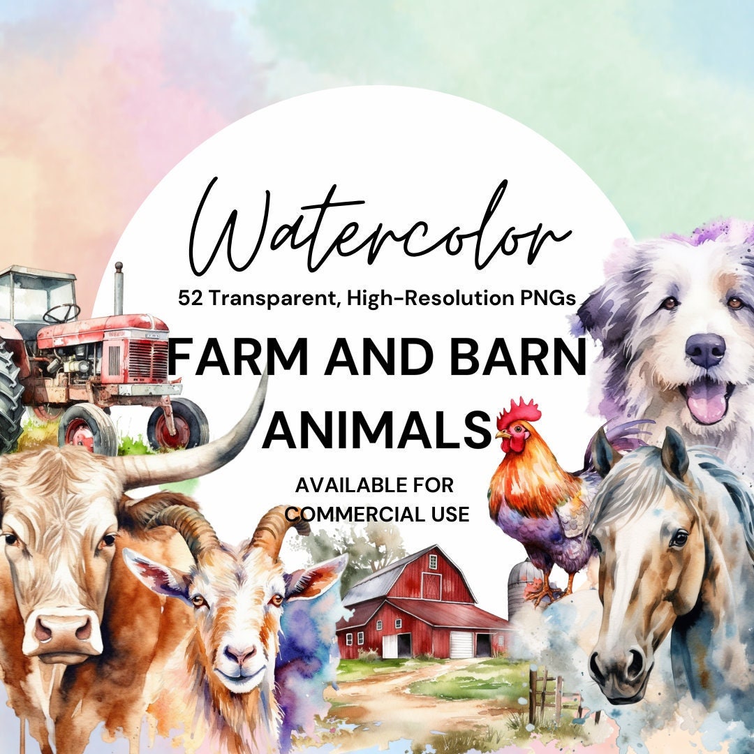 Adorable Watercolor Farm Animals Nursery Clip Art Pack 52 High-quality ...