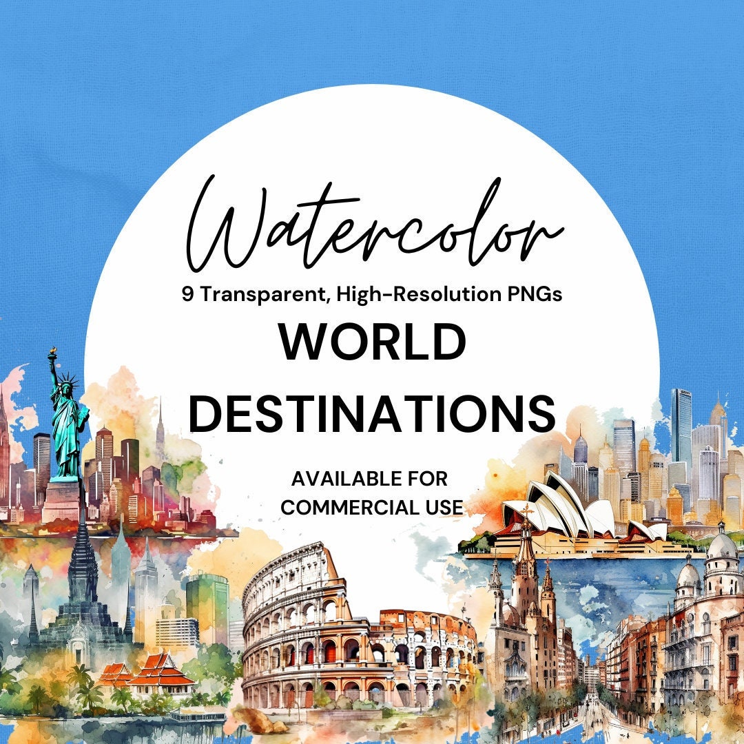 Watercolor World Travel Destinations Set of 9 Transparent Pngs, Clipart ...