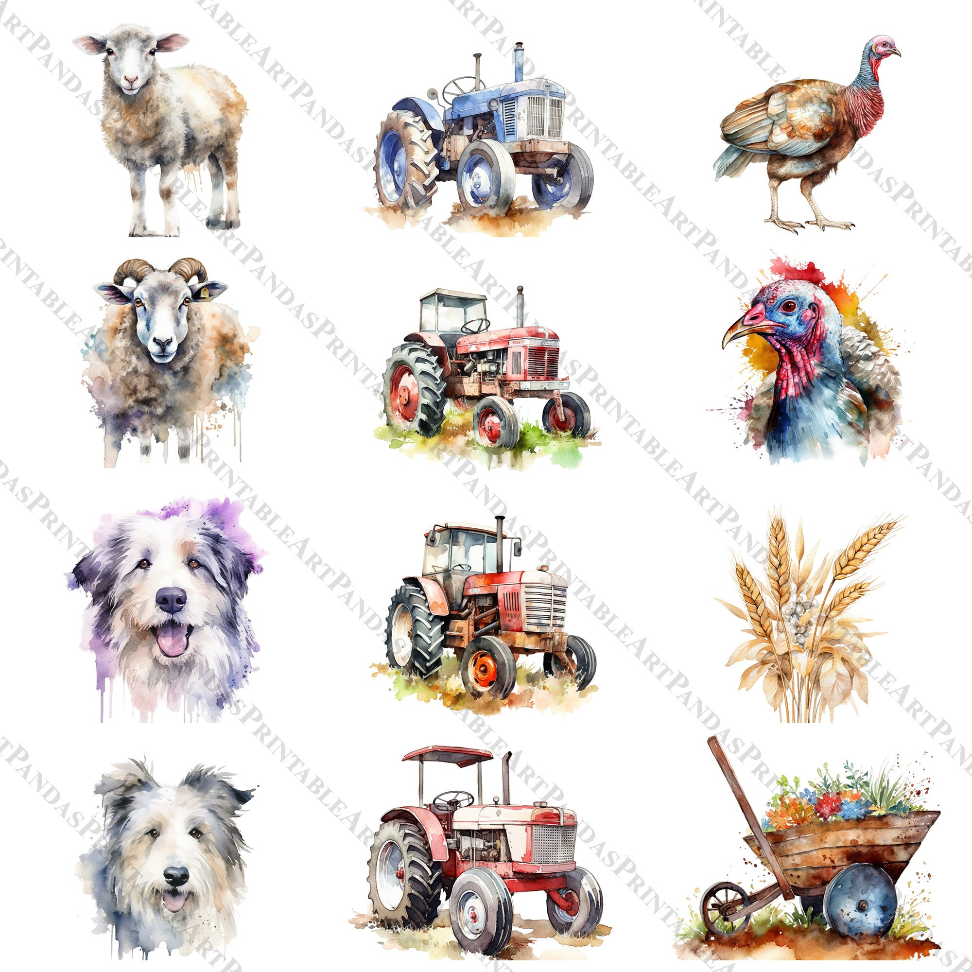 Adorable Watercolor Farm Animals Nursery Clip Art Pack 52 High-quality ...