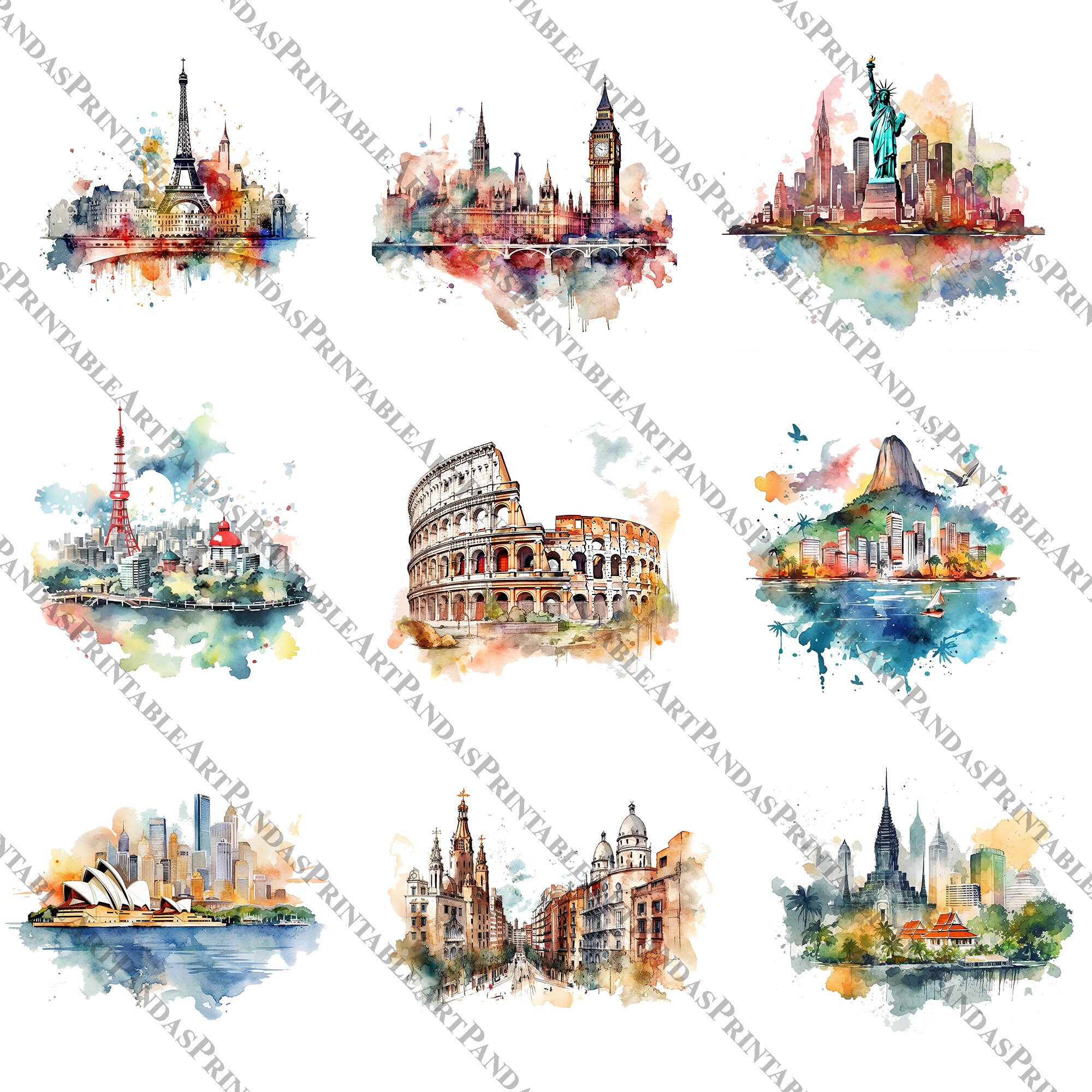 Watercolor World Travel Destinations Set of 9 Transparent Pngs, Clipart ...