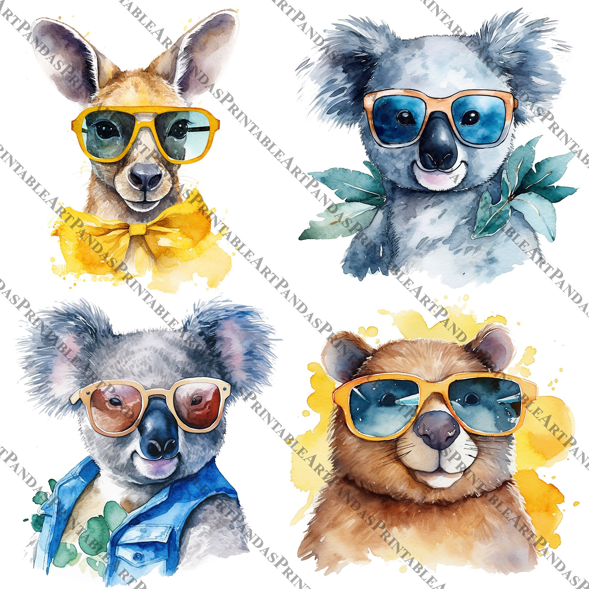 Watercolor Outback Animals With Sunglasses Summer Clipart, Transparent ...