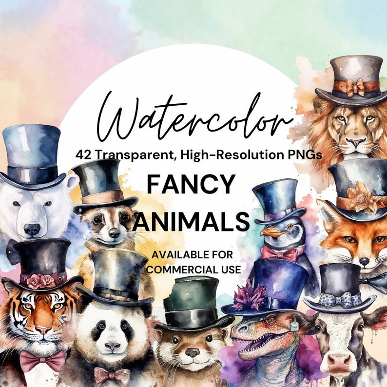 Fancy Animals Watercolor Clipart Set 42 High-quality PNG - Etsy