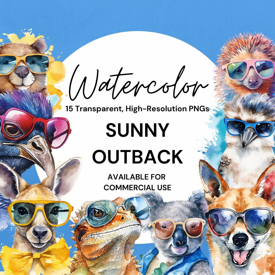 Watercolor Outback Animals With Sunglasses Summer Clipart, Transparent ...