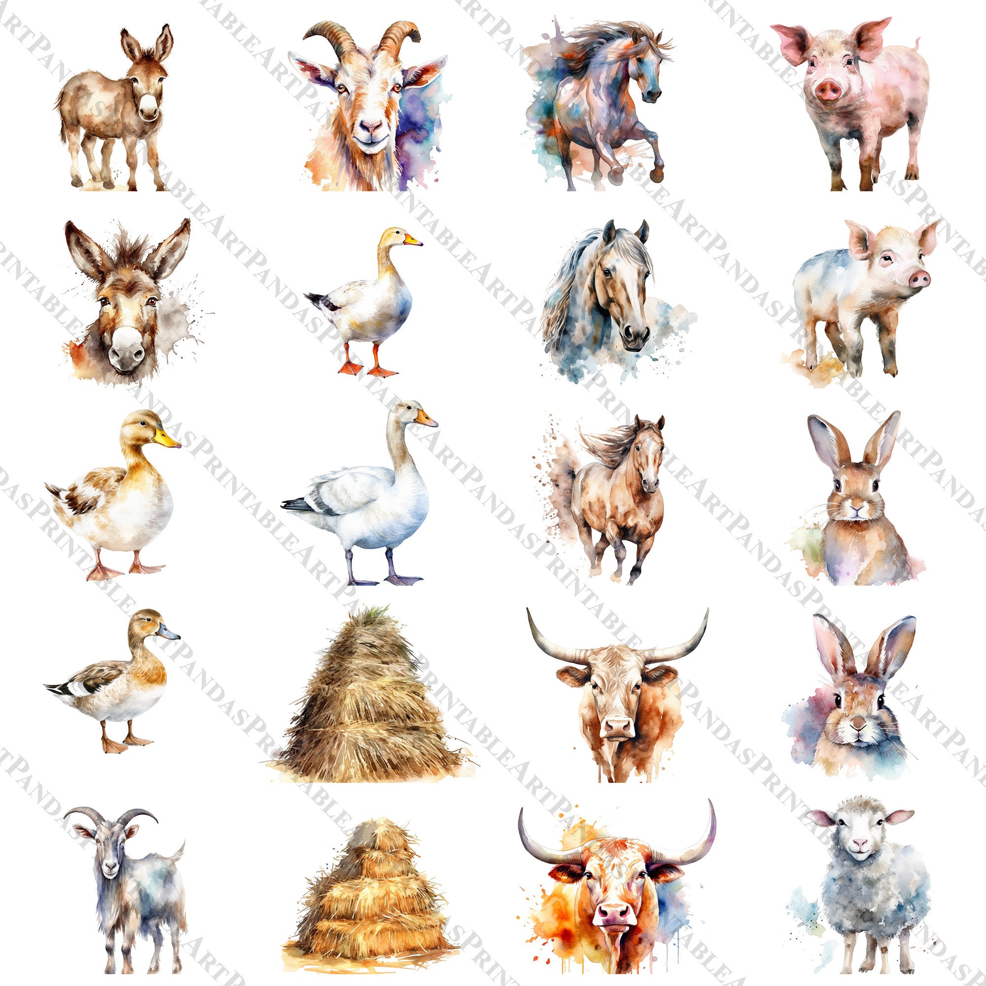 Adorable Watercolor Farm Animals Nursery Clip Art Pack 52 High-quality ...