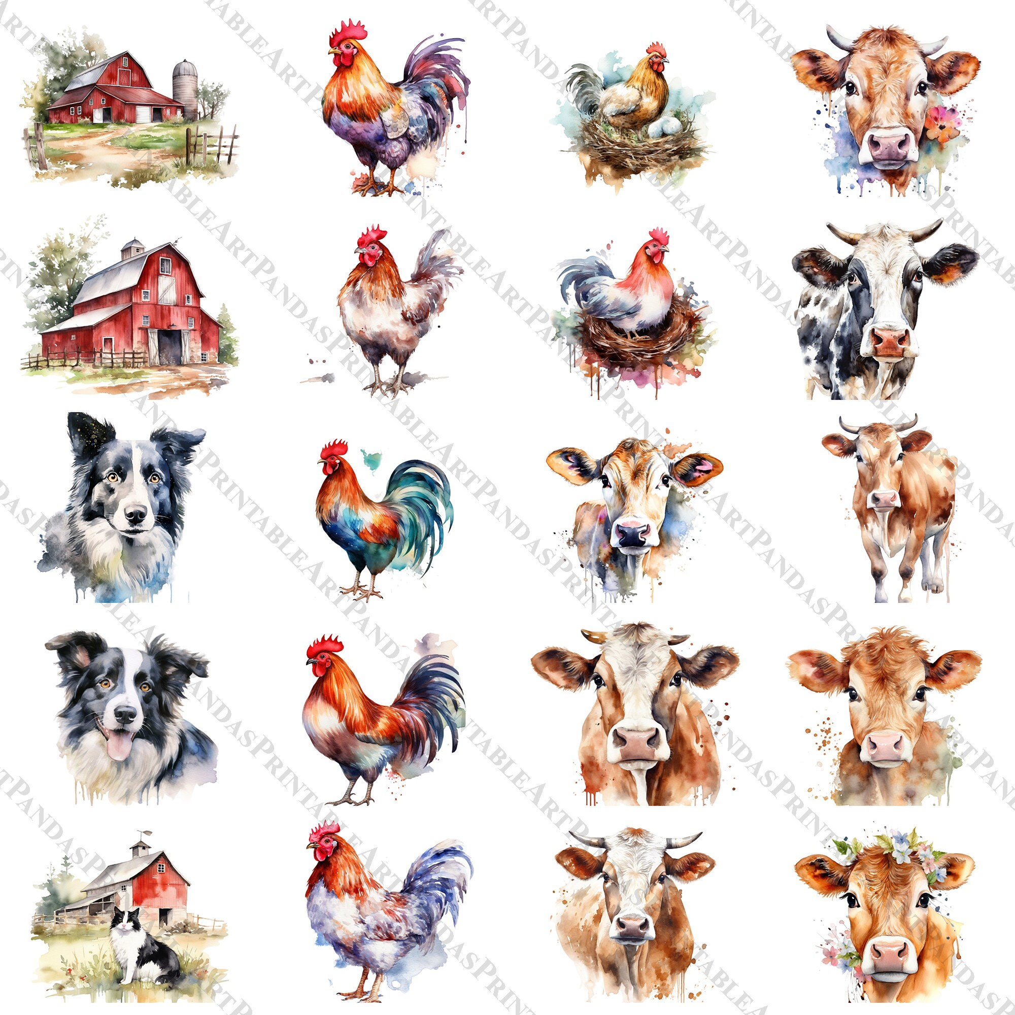 Adorable Watercolor Farm Animals Nursery Clip Art Pack 52 High-quality ...