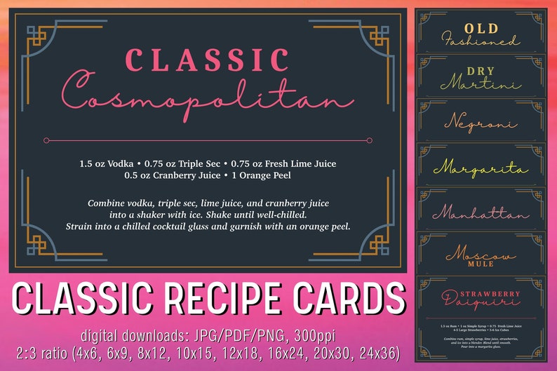 Classic Cocktail Recipe Cards - Minimalist Digital Download - Etsy
