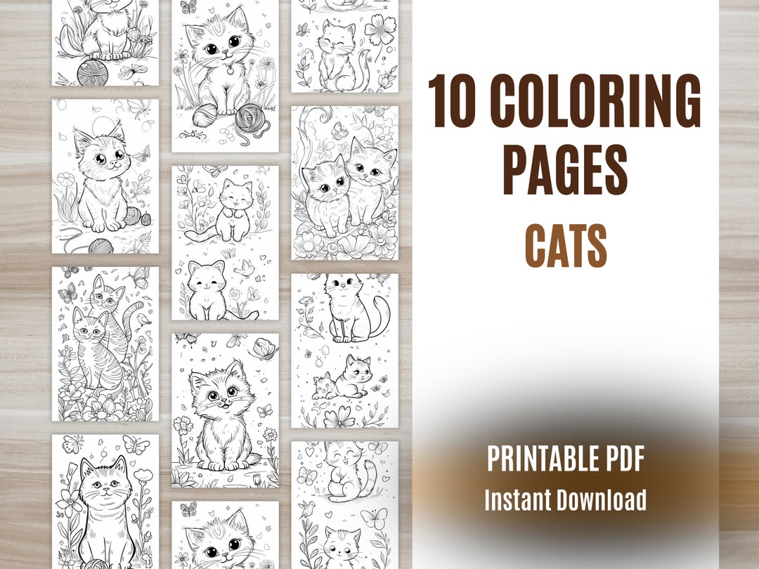 10 Coloring Pages: Cats and Kitten | Kids & Adult Coloring Book ...