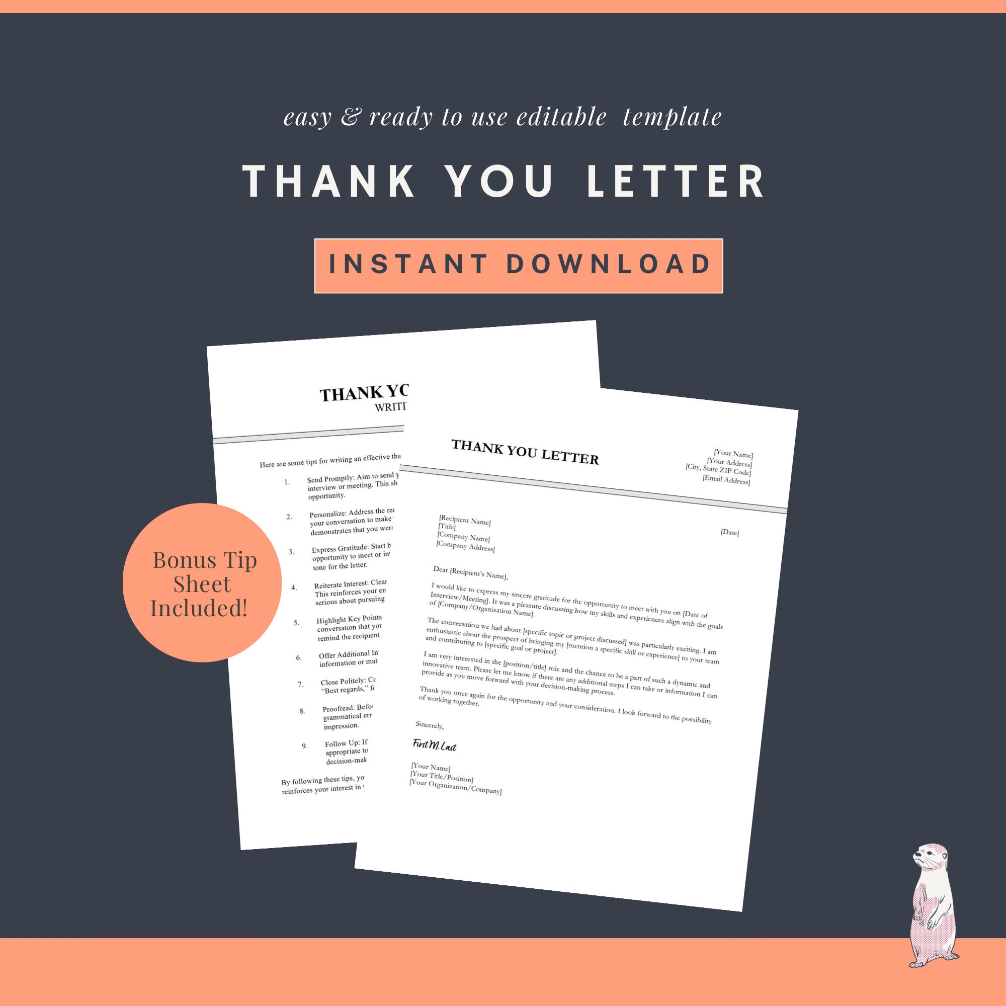 Thank You Letter Editable Template PDF and Word Instant Download - Etsy