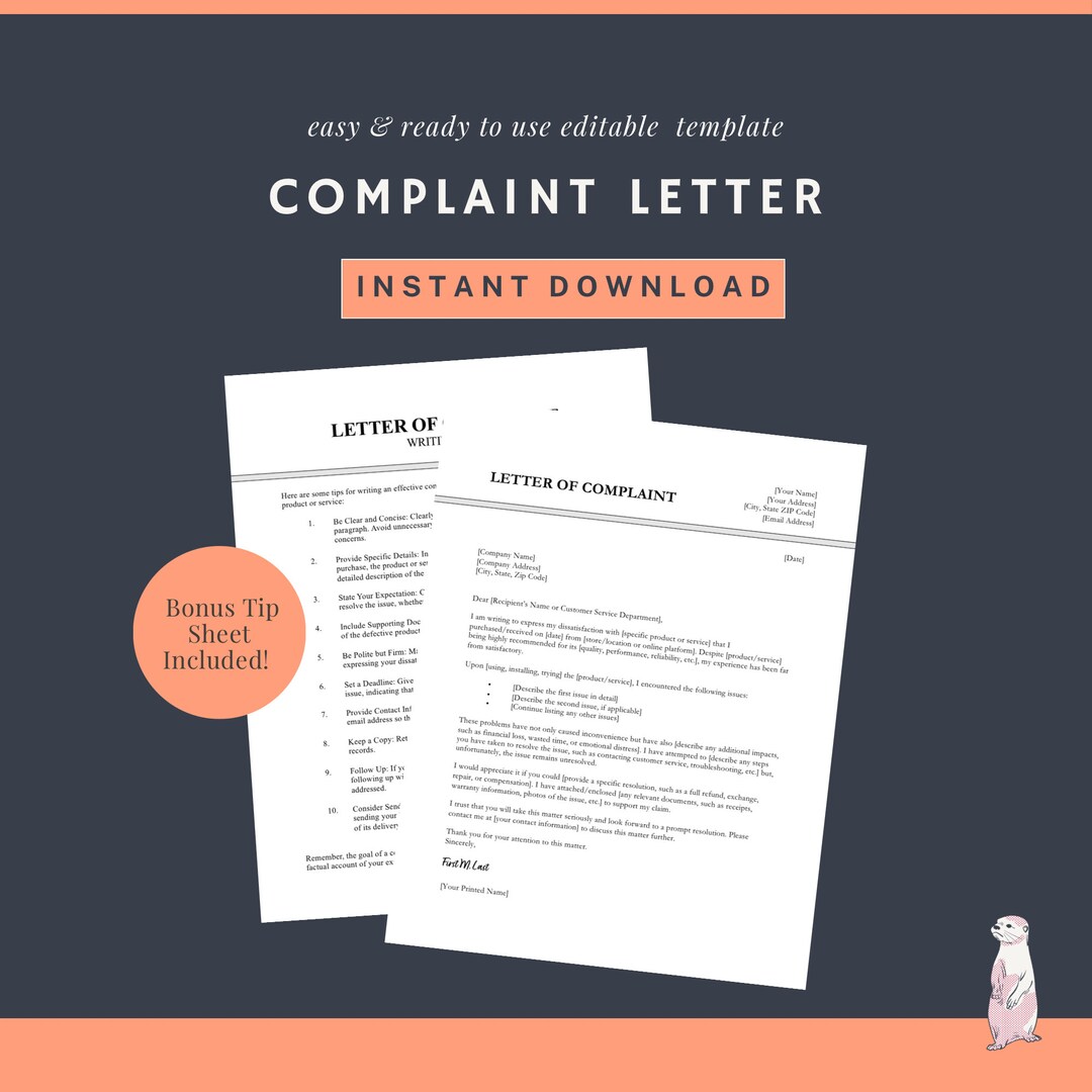 Printable Complaint Letter Editable Template PDF and Word Instant ...