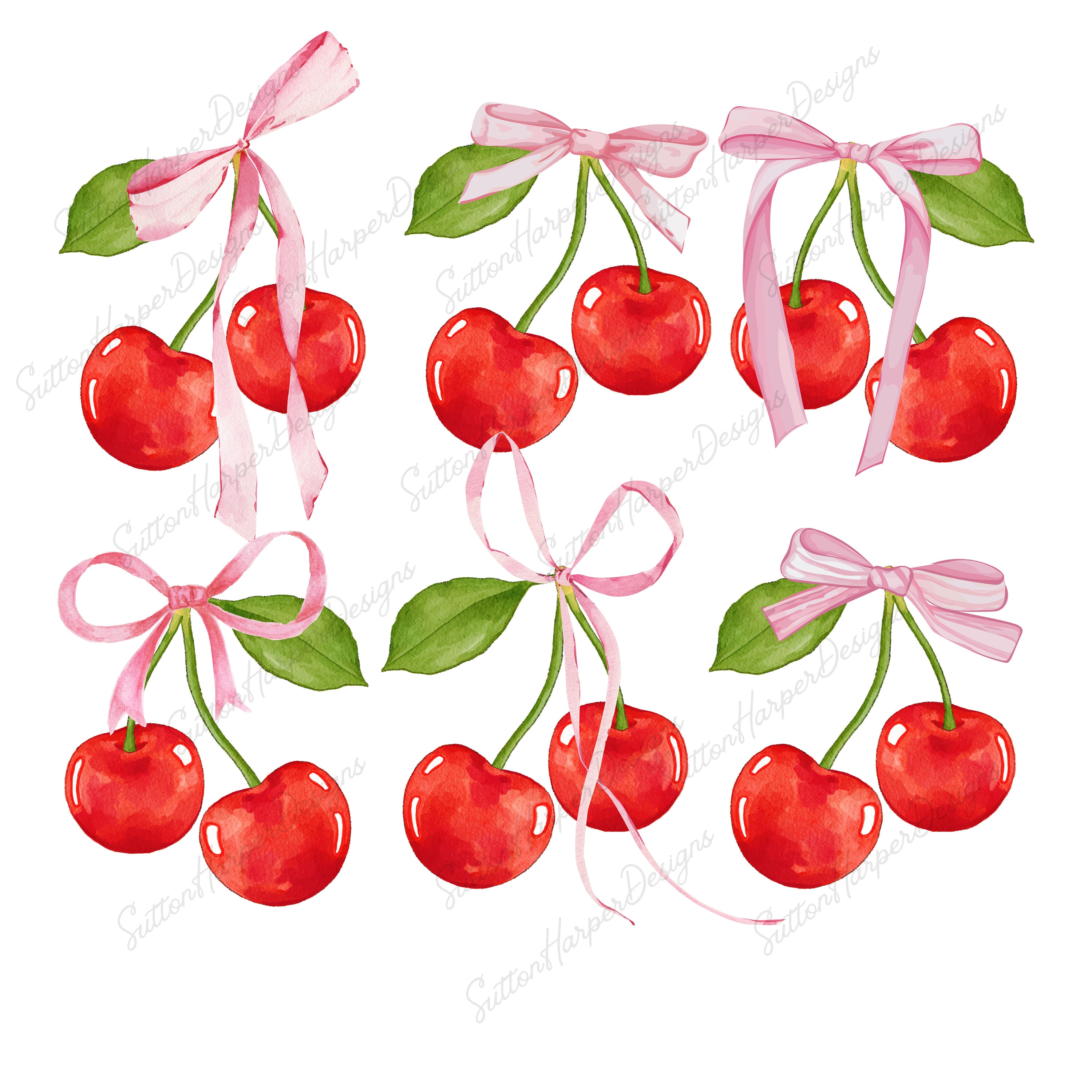 Coquette Watercolor Cherries With Pink Ribbon Bows PNG Digital Download ...