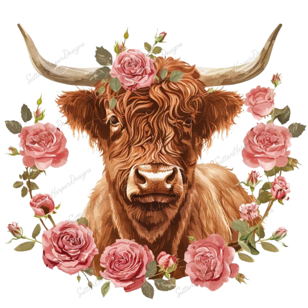 Highland Cow With Roses Watercolor Illustration PNG, Coquette Cow With ...