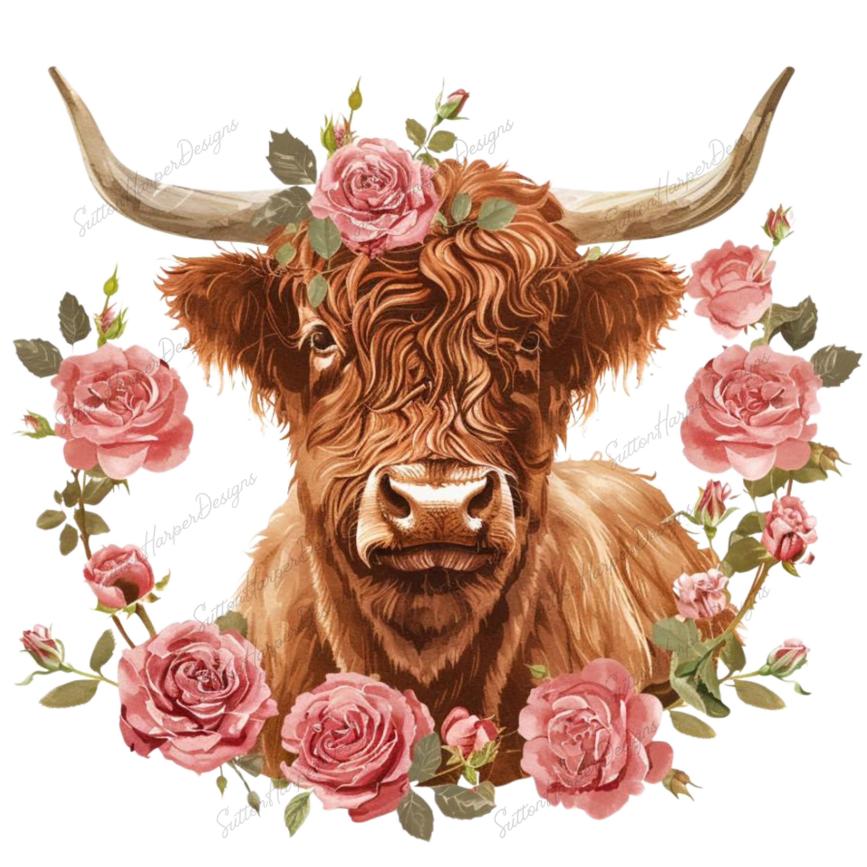 Highland Cow With Roses Watercolor Illustration PNG, Coquette Cow With ...
