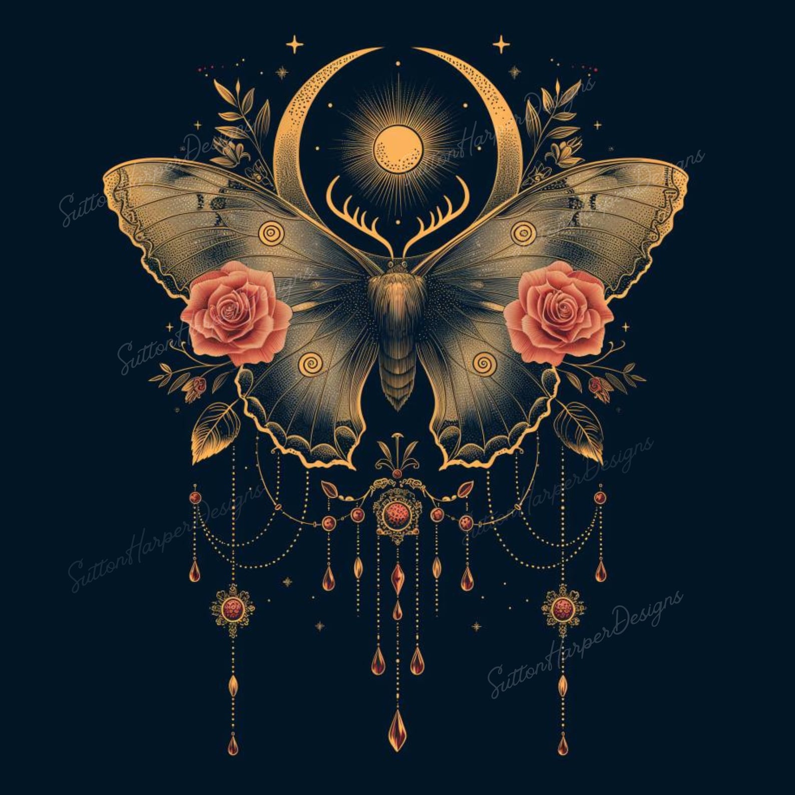 Celestial Moth Boho Dark Academia Moon PNG, Witchcore Cottagecore Moon ...