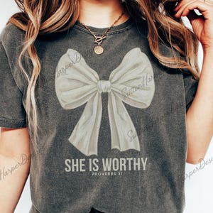 She is Worthy Proverbs White Coquette Bow Christian PNG, Christianity ...