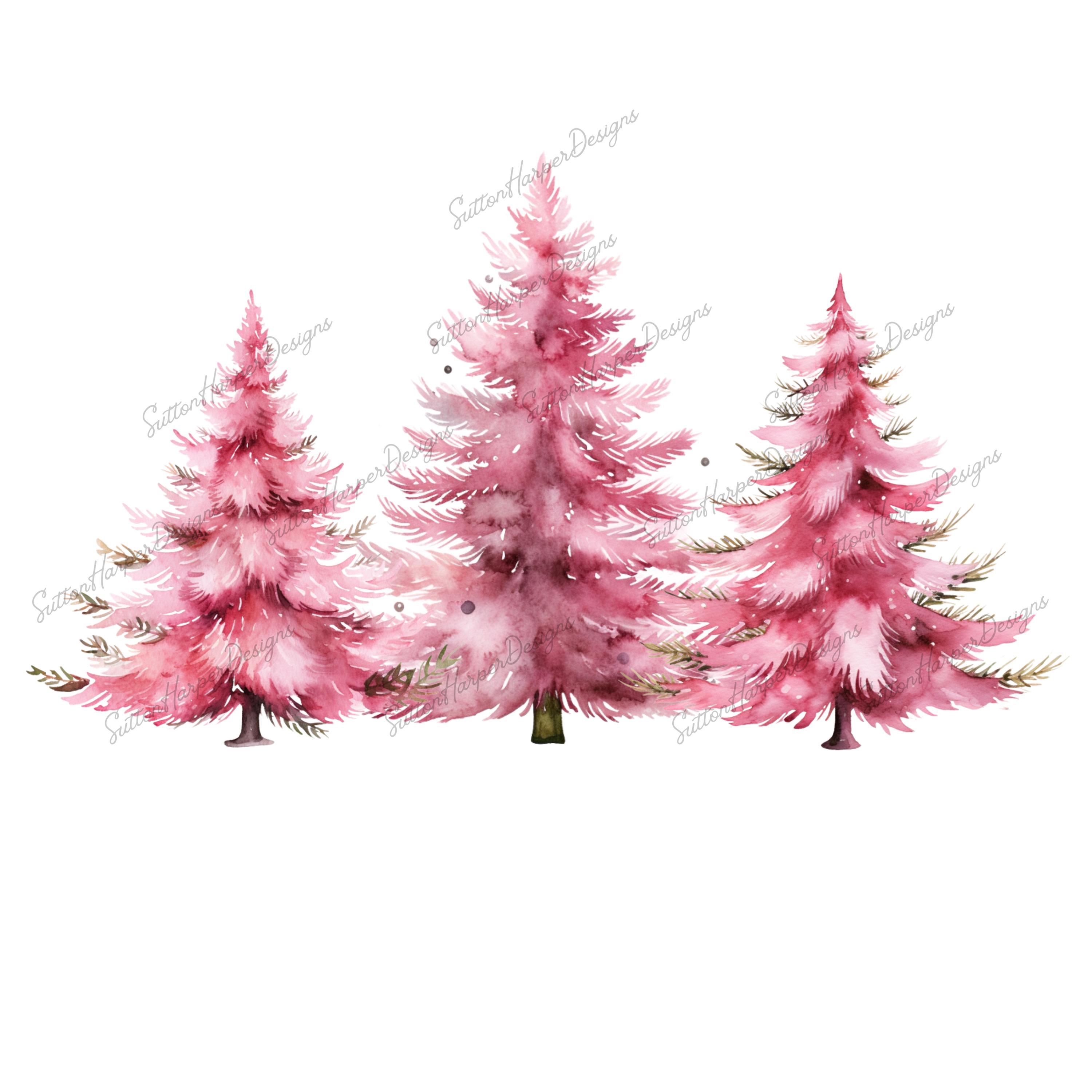 Pink Christmas Trees PNG, Pink Pine Trees Watercolor Design PNG, Cute ...