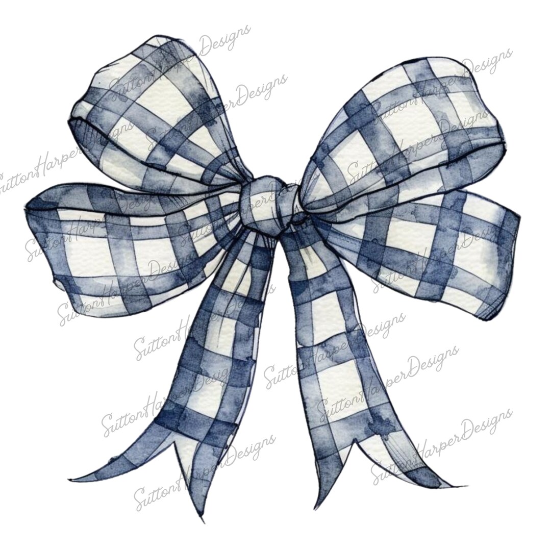 Navy Blue Gingham Coquette Bow Watercolor Illustration PNG, Blue ...