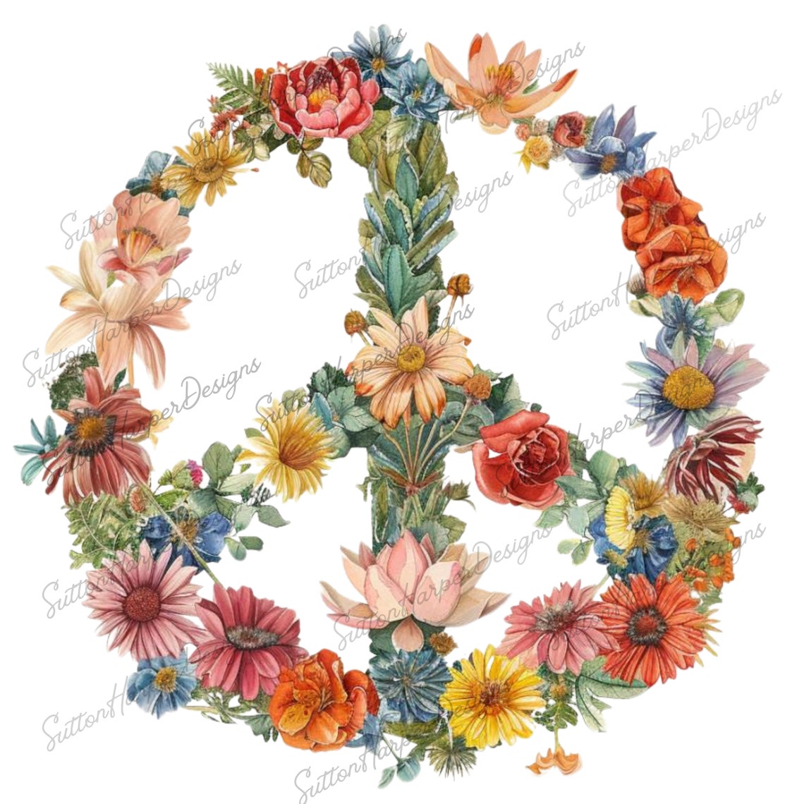 Boho Flower Vintage Aesthetic Peace Sign Illustration PNG, Floral Peace ...