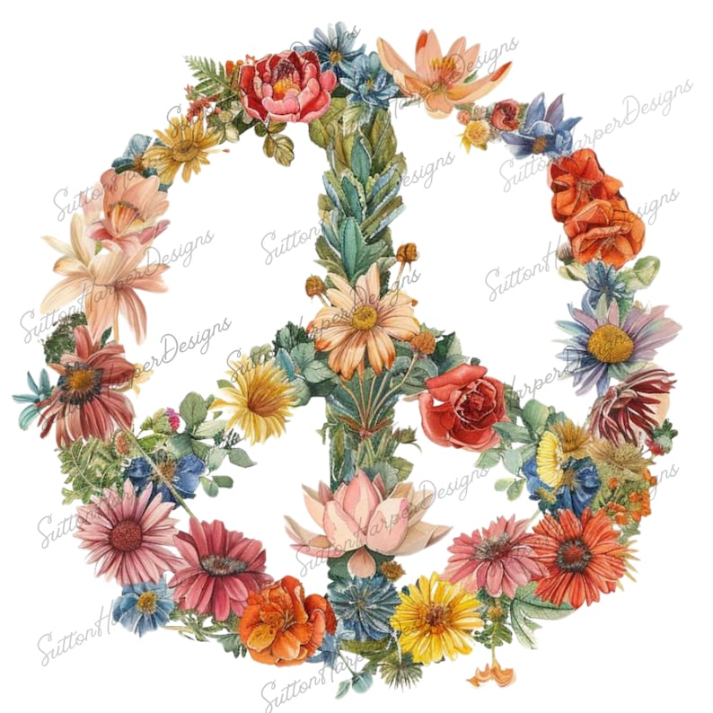 Boho Flower Vintage Aesthetic Peace Sign Illustration PNG, Floral Peace ...