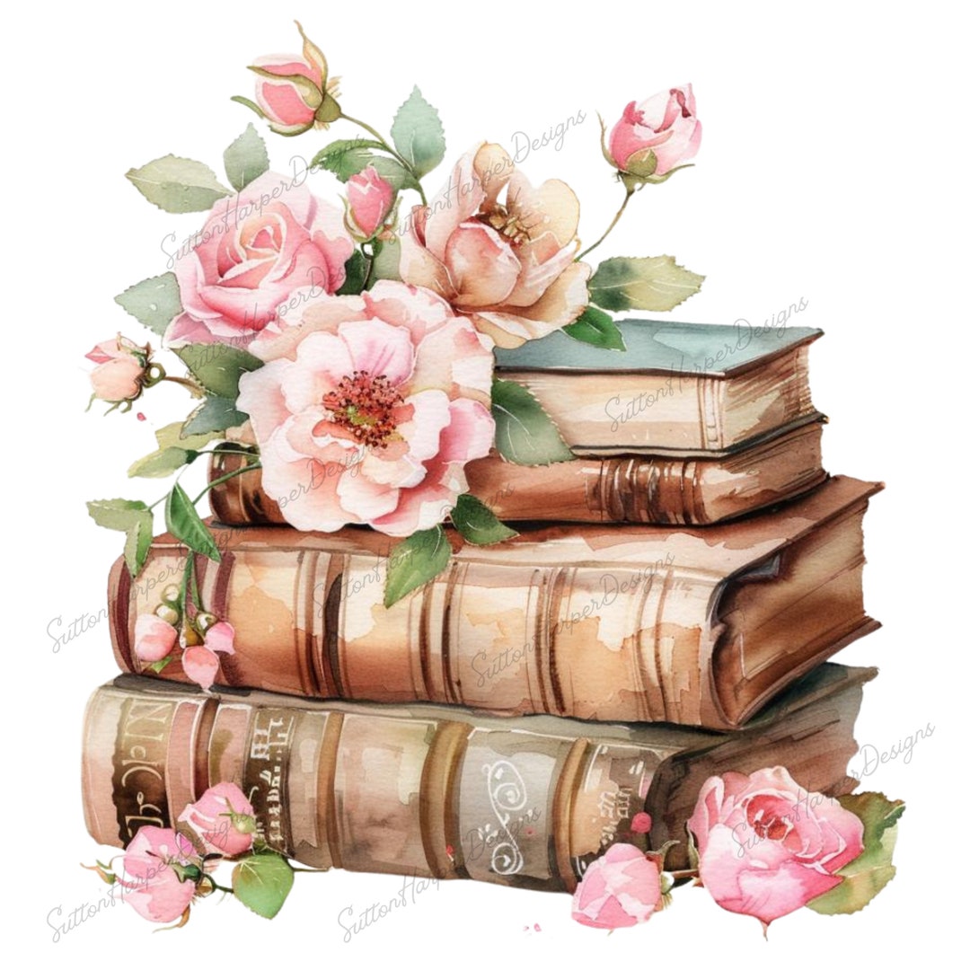 Beautiful Antique Stack of Books With Roses Watercolor Illustration PNG ...