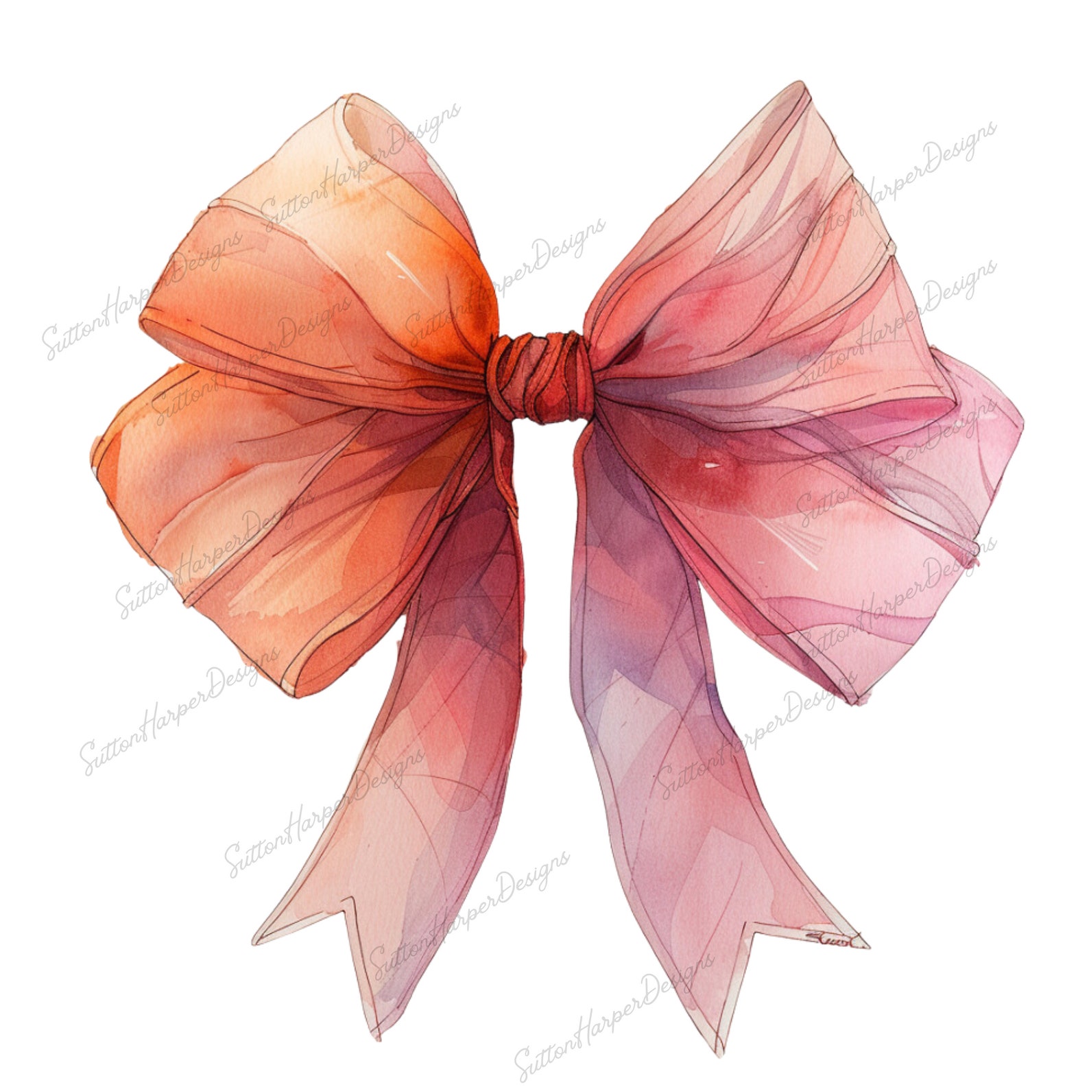 Sunset Coquette Ribbon Bow Watercolor Illustration PNG Vector Design ...