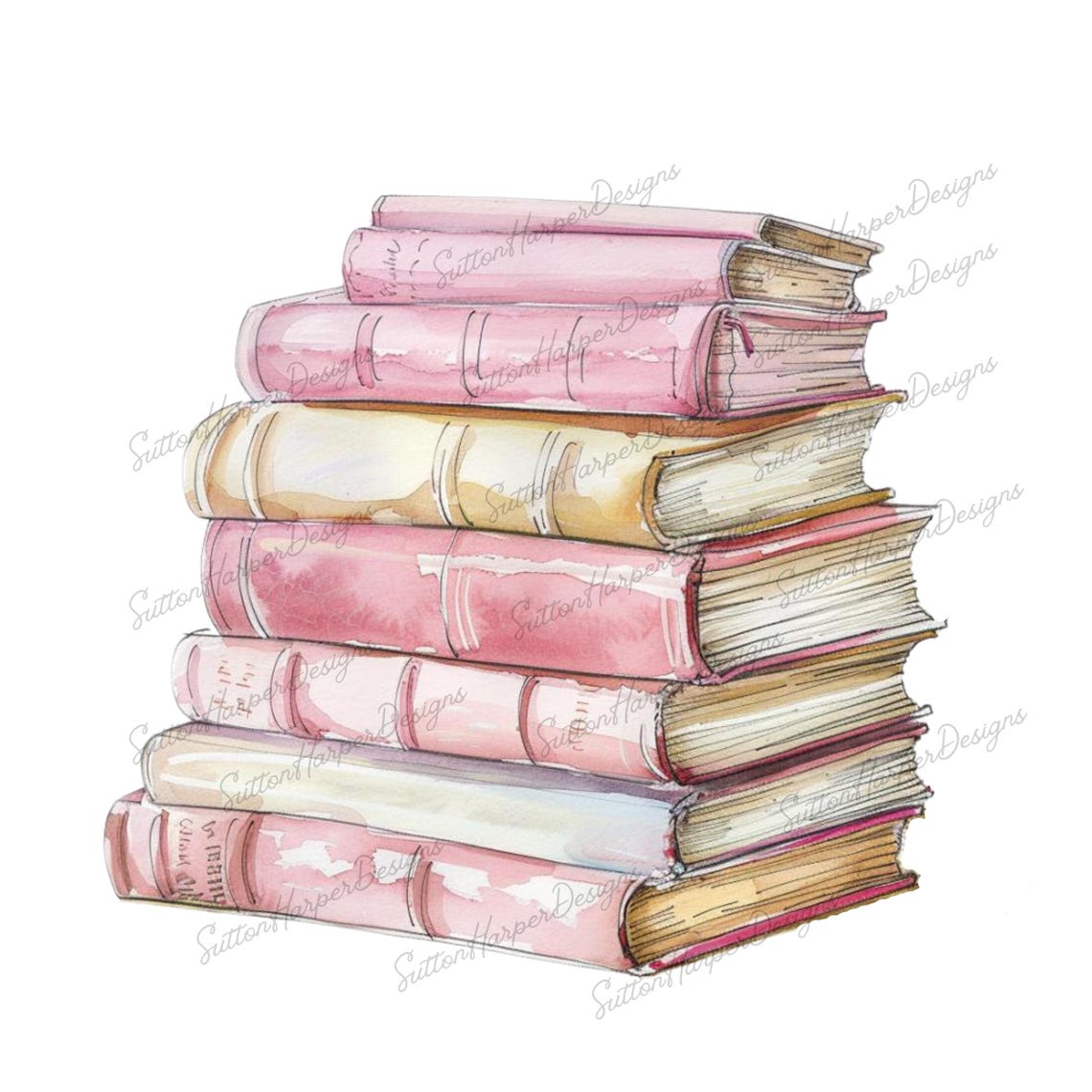 Pink and Yellow Stack of Books Illustration PNG, Watercolor Stack of ...