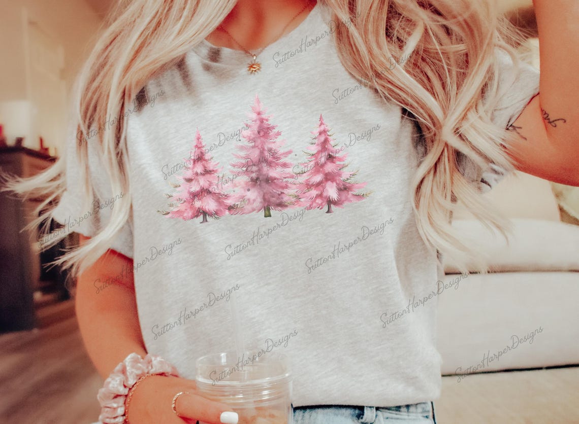 Pink Christmas Trees PNG, Pink Pine Trees Watercolor Design PNG, Cute ...