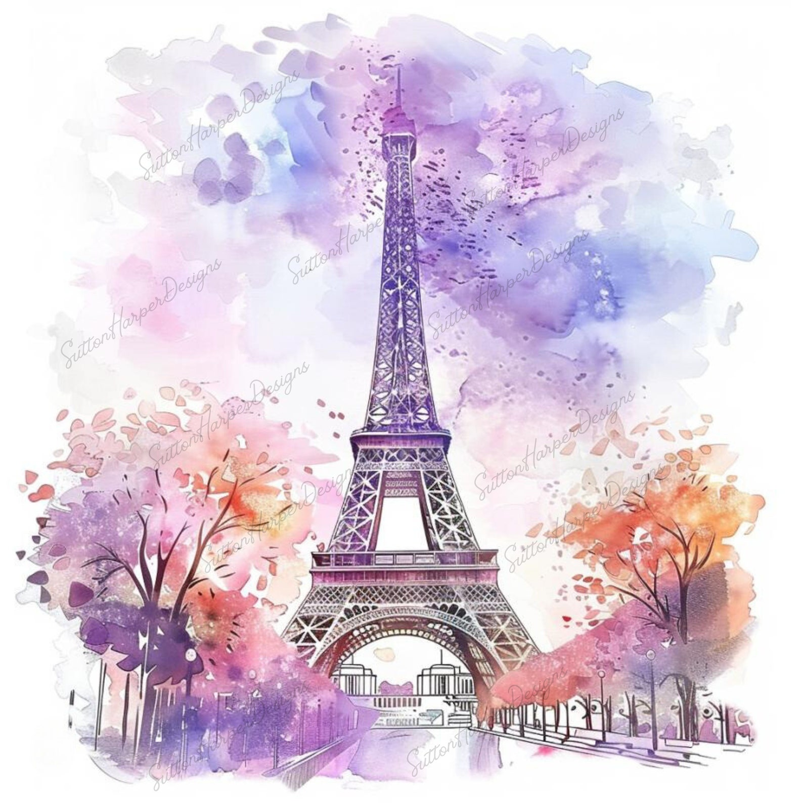 Purple Watercolor Eiffel Tower Illustration PNG, Paris Watercolor Png ...