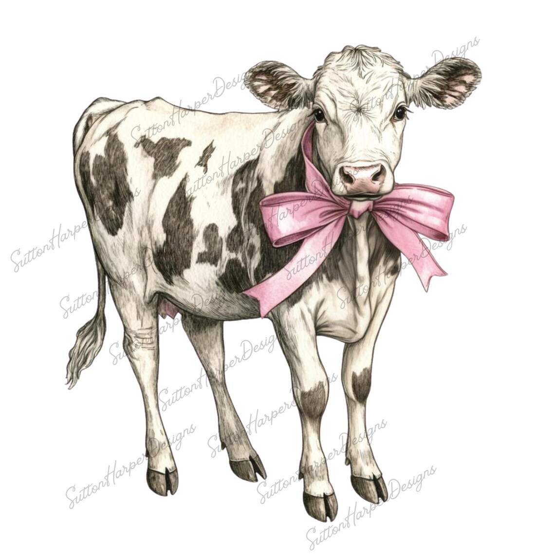 Coquette Cow Vintage Illustration PNG, Cow With a Pink Bow PNG, Cow PNG ...