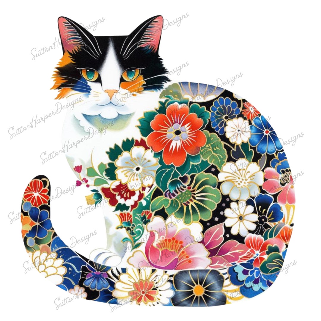 Chinese Floral Cat Illustration PNG Design, Chinese Cat Png, Asian ...
