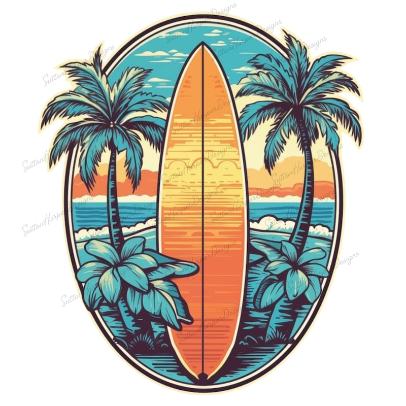 Palm Tree & Surfboard Printed Art - Etsy