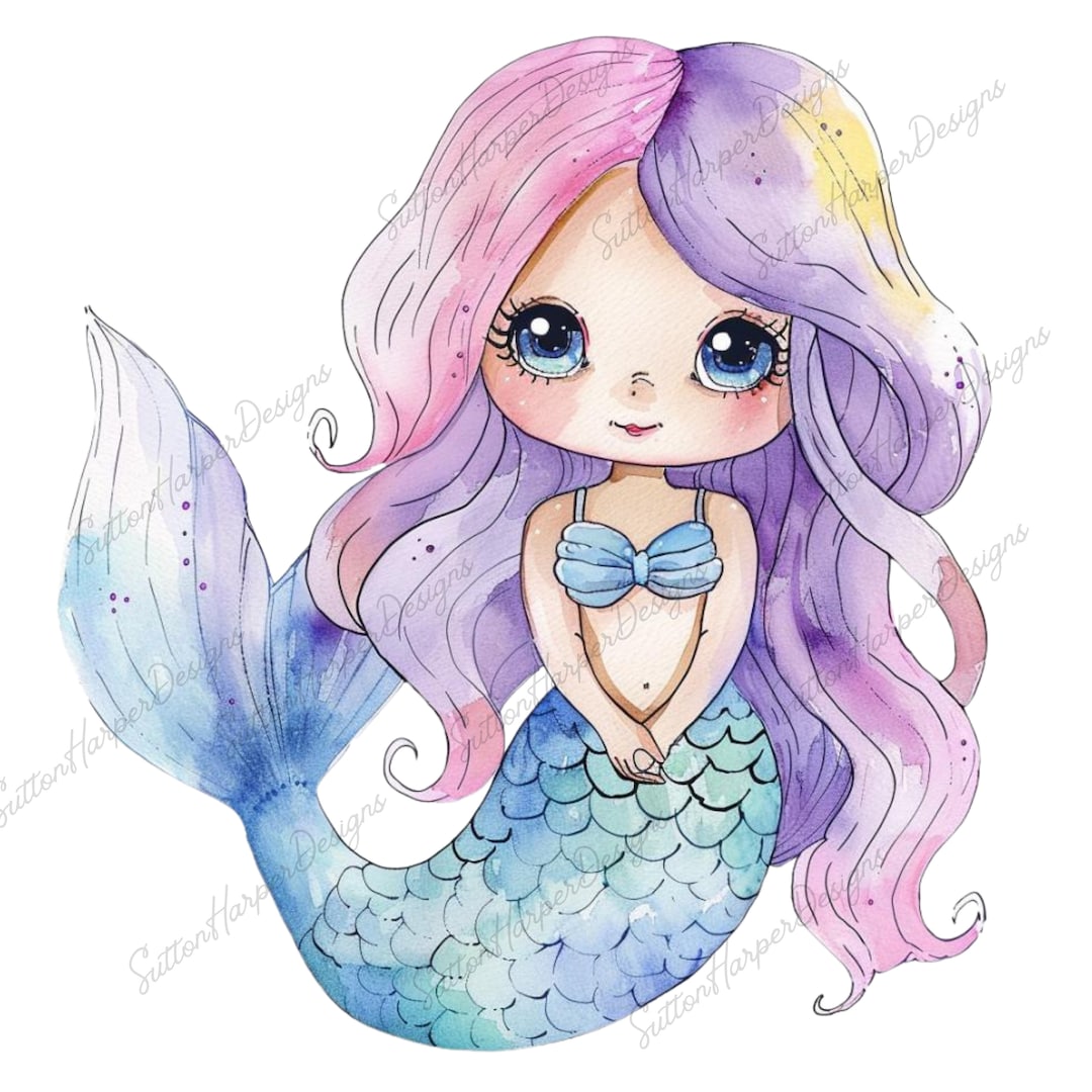 Kawaii Cute Mermaid Watercolor Illustration, Mermaid Girl Sea ...