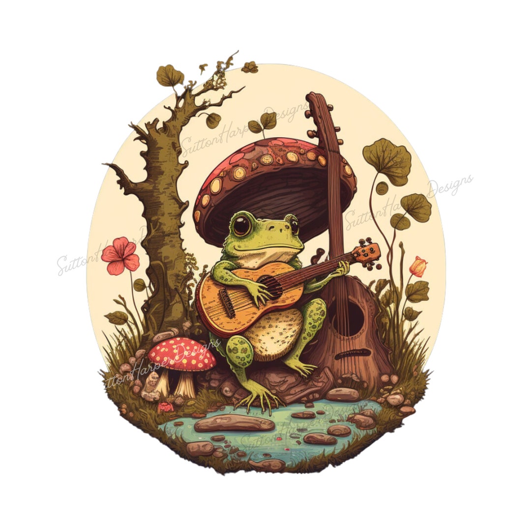 Cottagecore Dark Academia Frog Playing Guitar PNG, Toad Playing Guitar ...