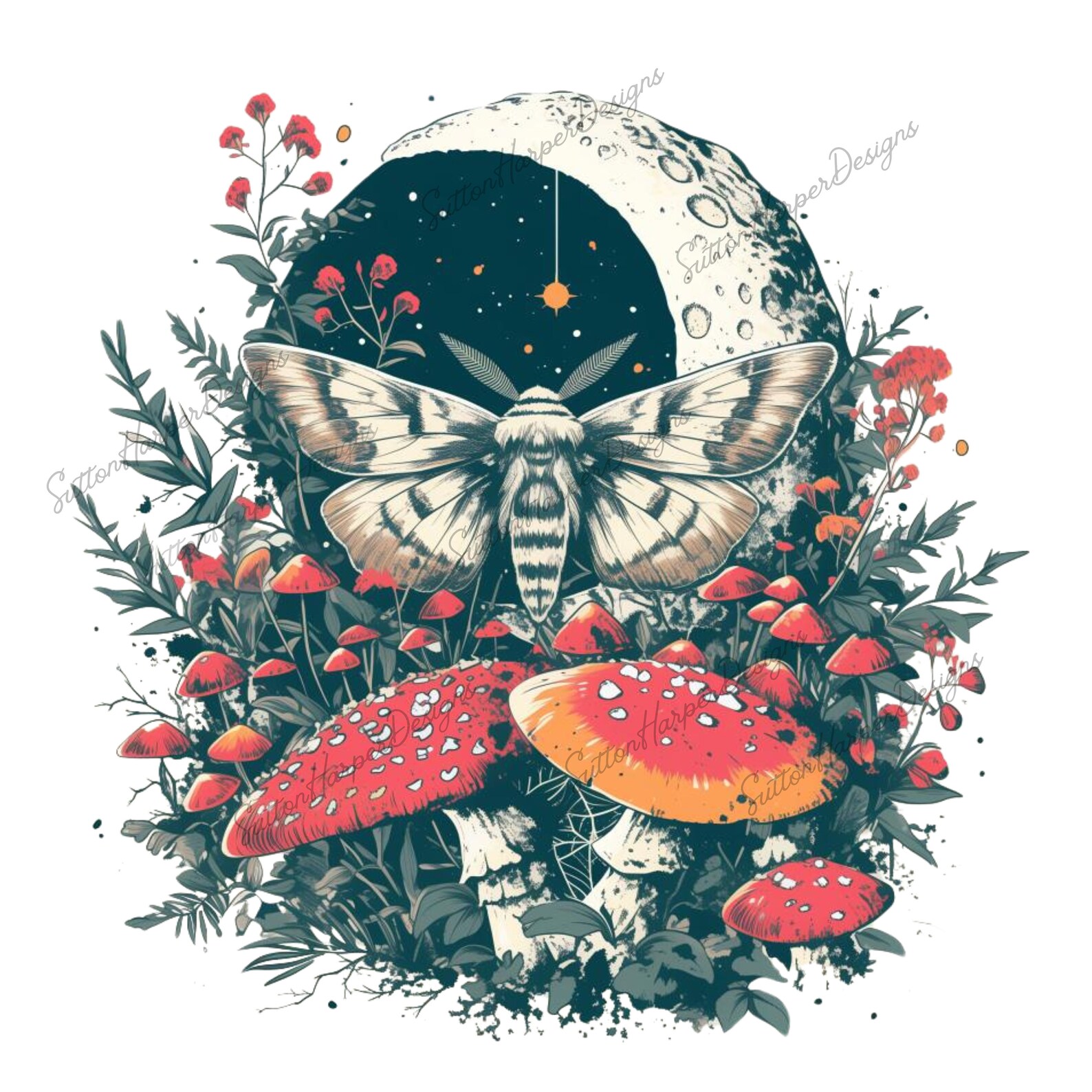 Cottagecore Moth Moon Png, Celestial Cottagecore Moth Png, Mushroom Png ...