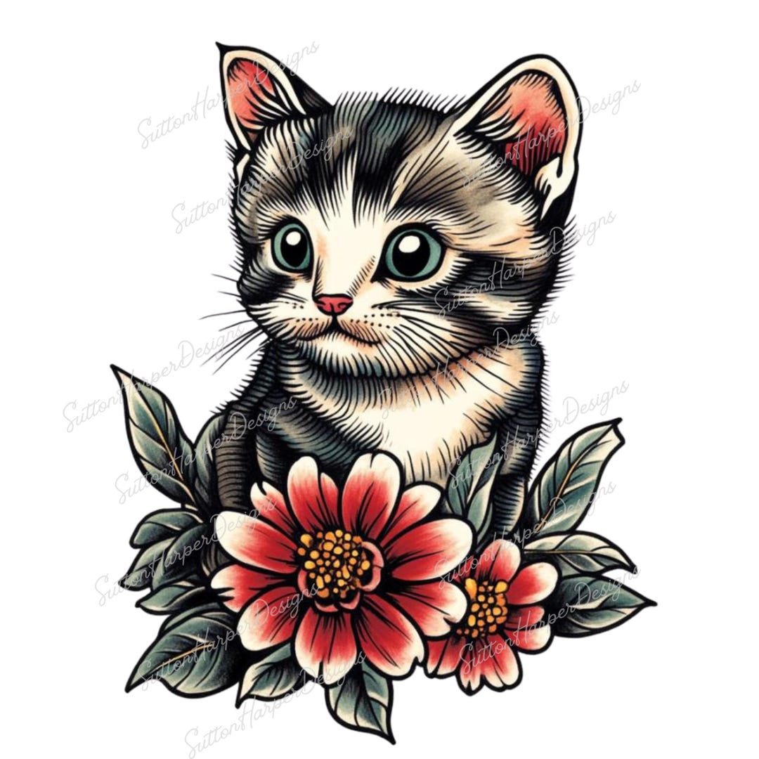American Tattoo Style Kitten Design PNG, American Tattoo Style Cat PNG ...