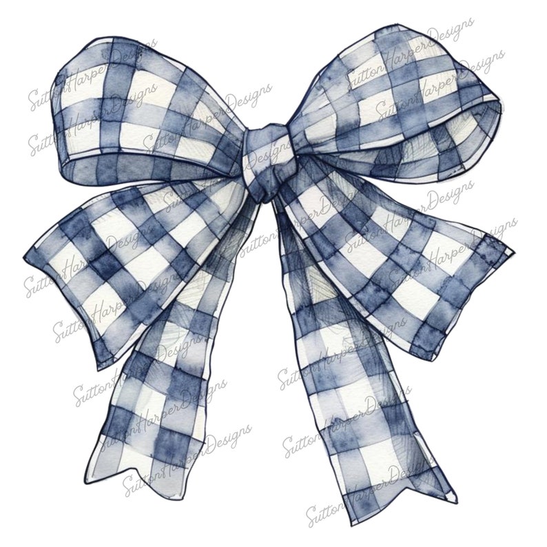 Navy Blue Gingham Ribbon Bow Coquette PNG Watercolor Illustration, Blue Gingham Bow Png Clipart ...