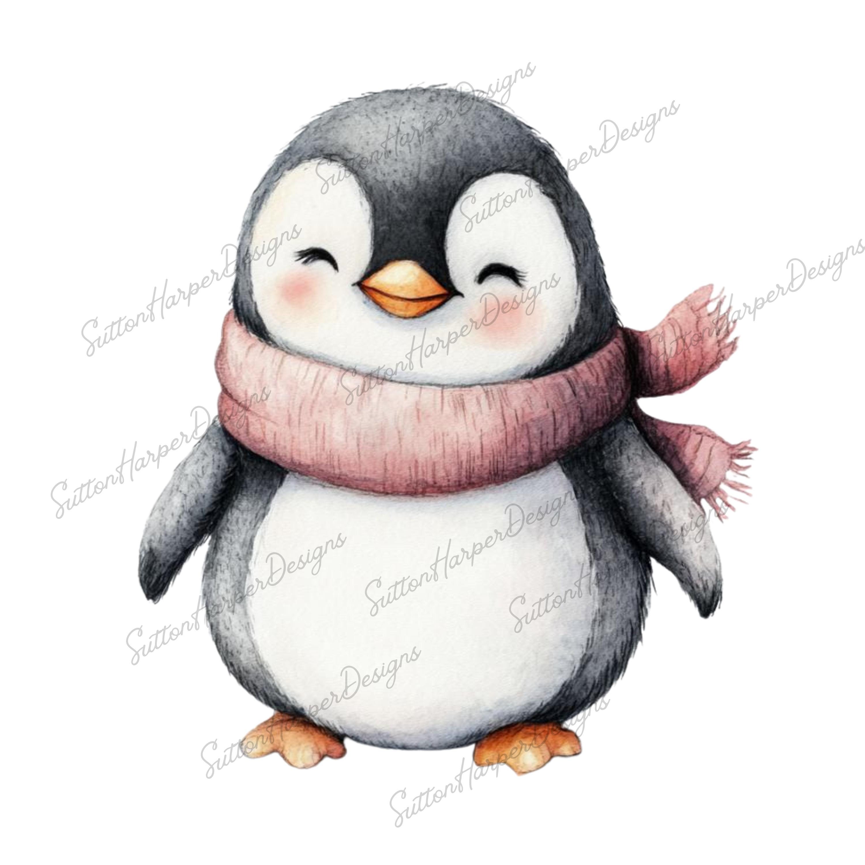 Cute Penguin With Pink Scarf Png, Watercolor Penguin Illustration, Cute ...