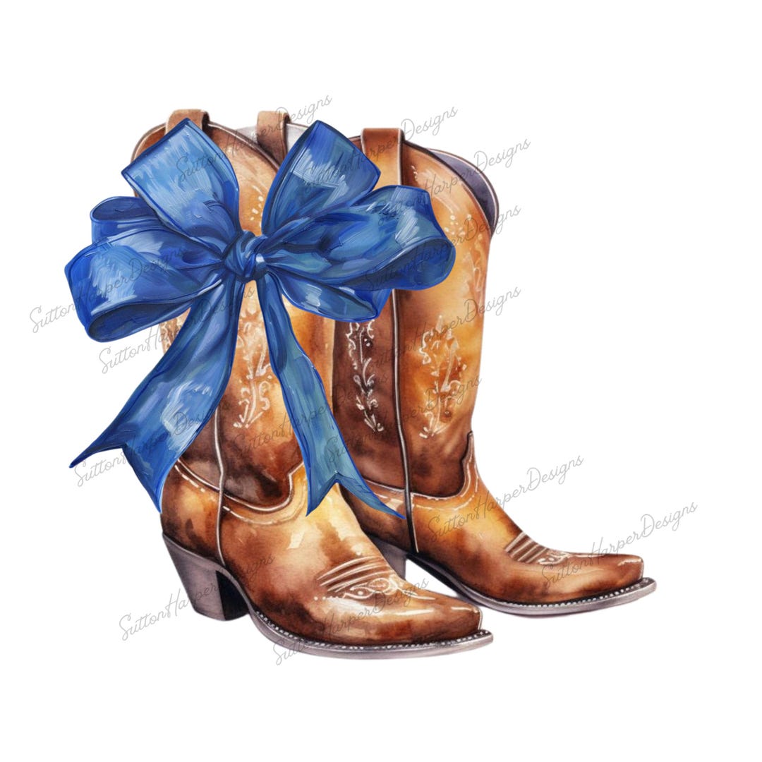 Coquette Cowgirl Boots With Royal Blue Bow Illustration Png Clipart ...