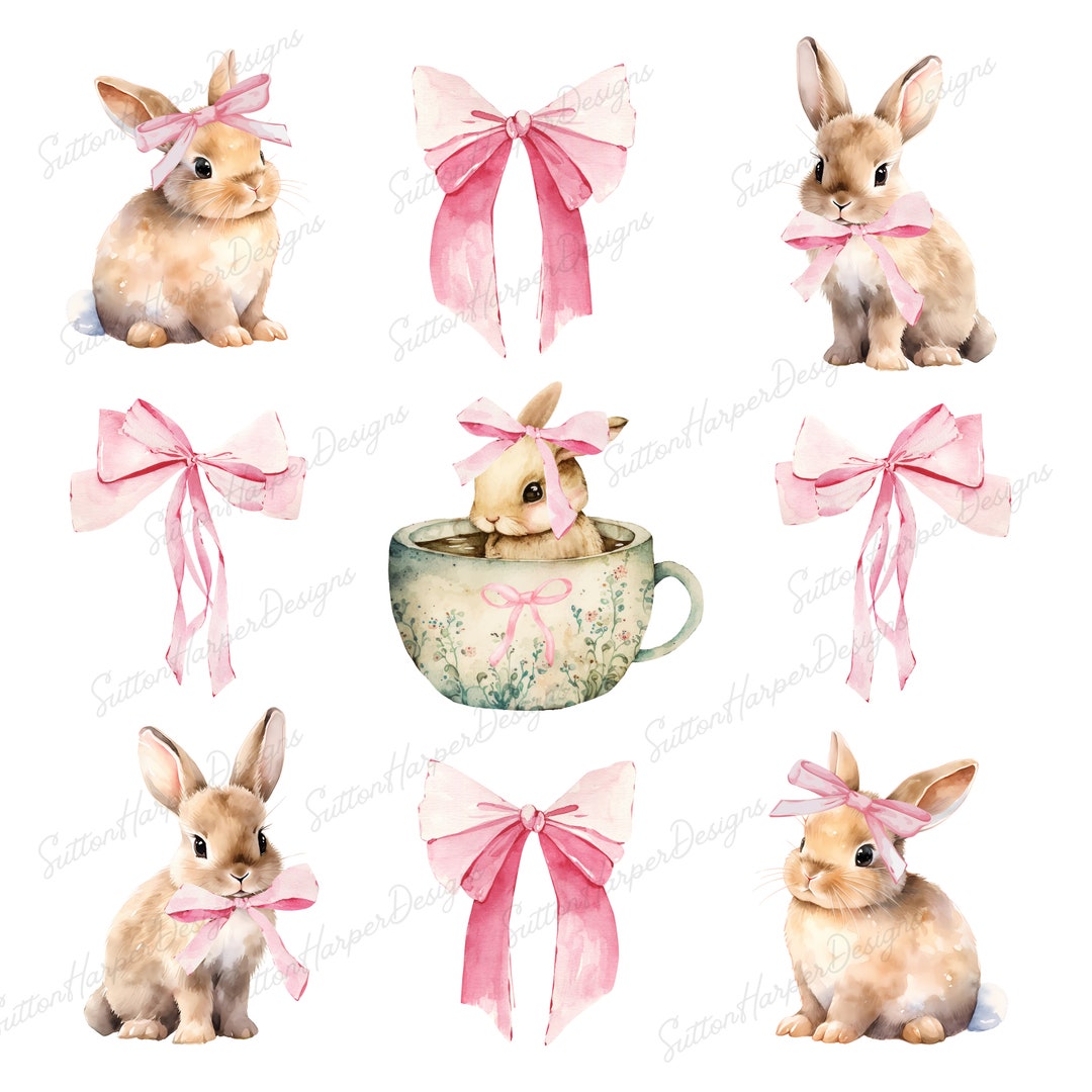 Coquette Bunnies With Pink Ribbon Bows Teacup Png Illustration Digital ...