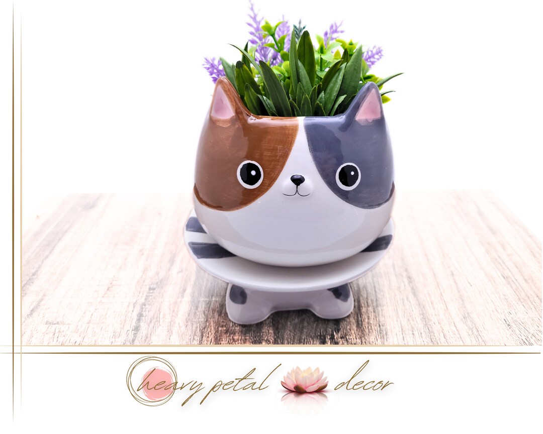 Cat Planter With Drainage Hole and Footsie Platter | Cat Ceramic ...