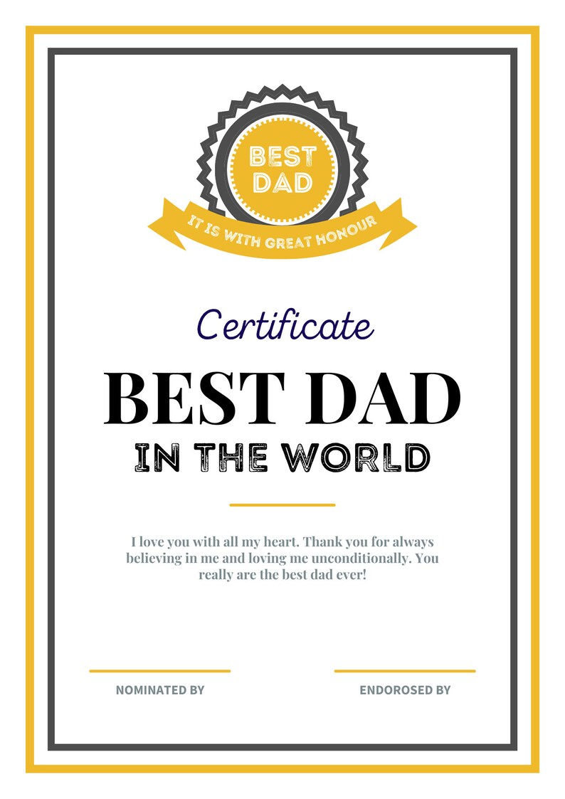 Father's Award Certificate | Best Dad in the World Gift | Printable Dad ...