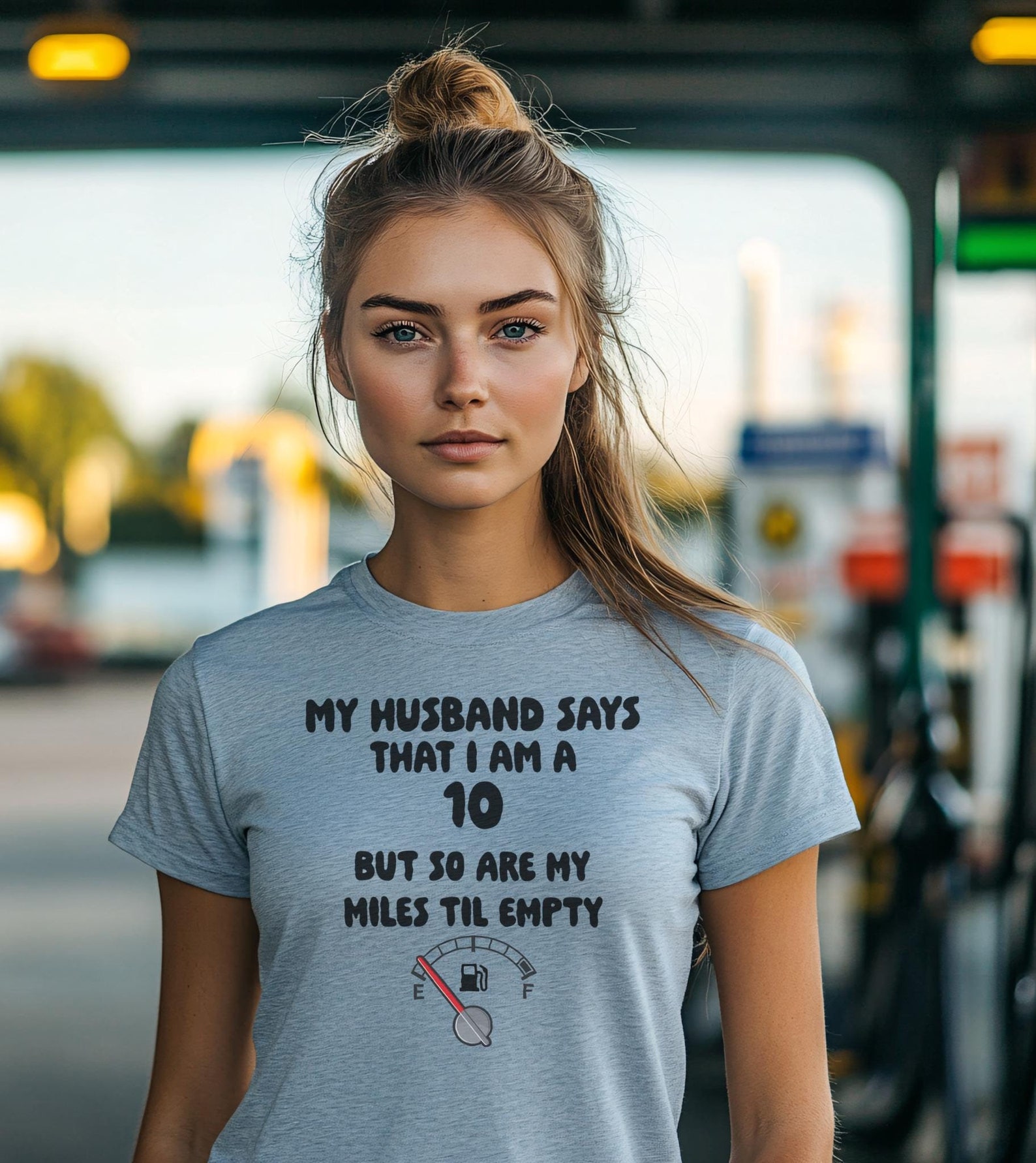 Funny Wife Girlfriend Sweatshirt Running on E Low Gas Hilarious Ladies Shirt My Husband Says I'm ...