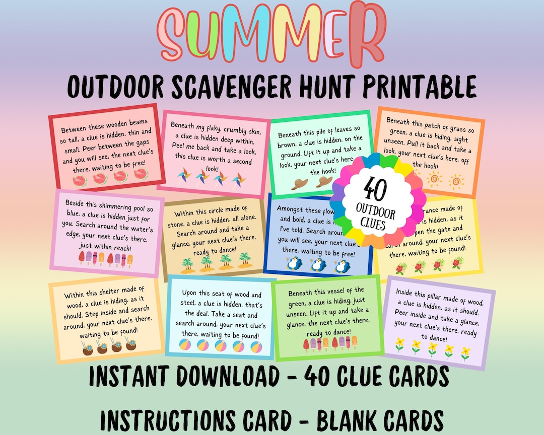 Summer Outdoor Scavenger Hunt for Kids: 40 Clue Cards (PDF) - Etsy