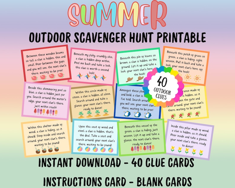 Summer Outdoor Scavenger Hunt for Kids: 40 Clue Cards (PDF) - Etsy