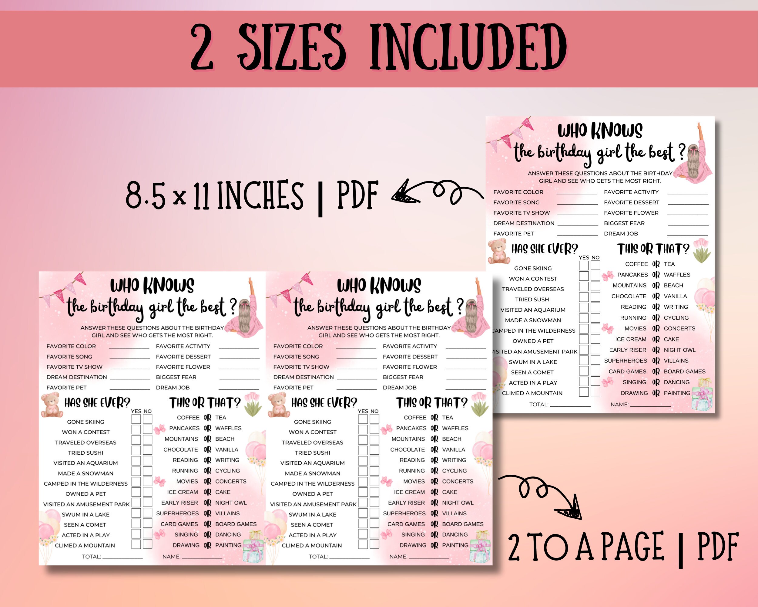 Birthday Girl Trivia Game: Pink Party Quiz (editable Printable) - Etsy
