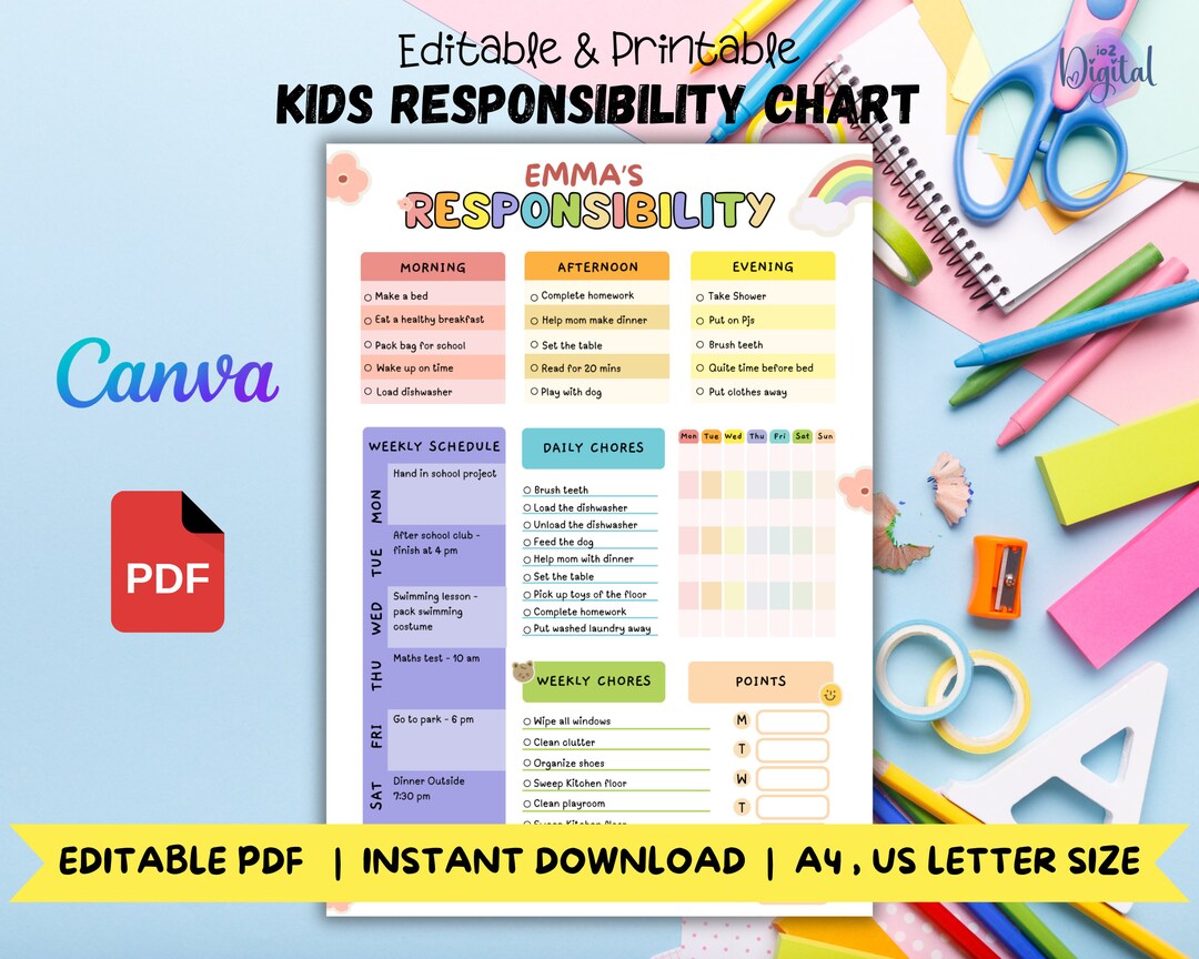 Editable Responsibility Chore Chart for Kids | Printable | Kids Daily ...