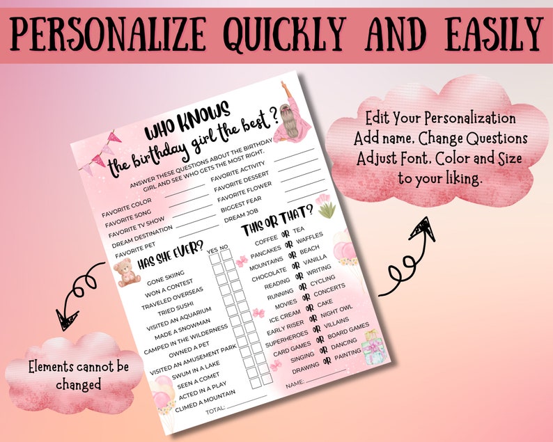 Birthday Girl Trivia Game: Pink Party Quiz (editable Printable) - Etsy